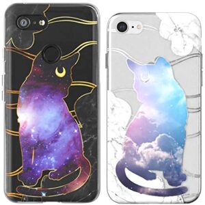 Toik Matching Couple Cases for Apple iPhone 11 Pro Xs Max Xr 10 X 8 Plus 7 6s 5s SE Marble Cute Lightweight Girly Girlfriend Boyfriend TPU Space Cats Print Sky Protective Soulmate Flexible Moon Clouds