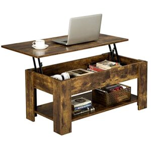 yaheetech lift top coffee table with hidden compartment and storage shelf, rising tabletop dining table for living room reception room, 38.6in l, rustic brown