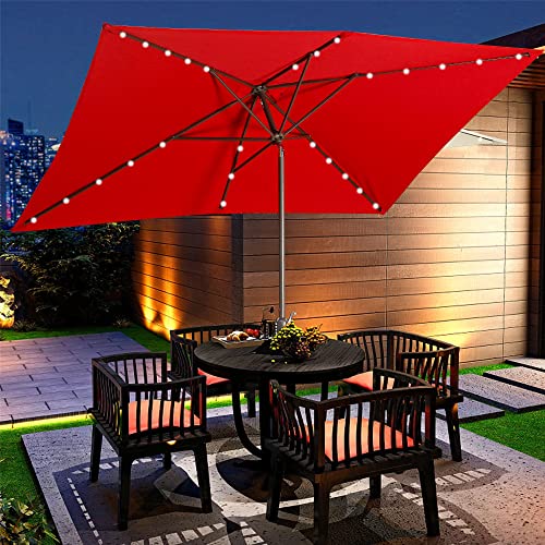 Aok Garden 6.5x10 ft Patio Umbrella with Solar Lights - Rectangular Picnic Table Aluminum Pole Umbrella, 6-8 Chairs Outdoor Tilt Umbrella 30 LED for Lawn Backyard, Deck, Pool and Beach, Red