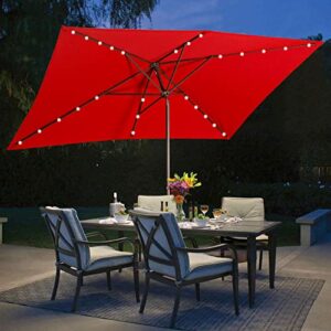 Aok Garden 6.5x10 ft Patio Umbrella with Solar Lights - Rectangular Picnic Table Aluminum Pole Umbrella, 6-8 Chairs Outdoor Tilt Umbrella 30 LED for Lawn Backyard, Deck, Pool and Beach, Red