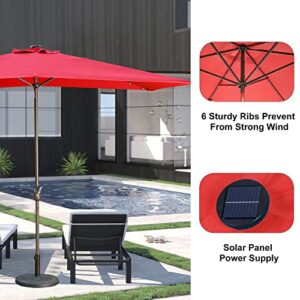 Aok Garden 6.5x10 ft Patio Umbrella with Solar Lights - Rectangular Picnic Table Aluminum Pole Umbrella, 6-8 Chairs Outdoor Tilt Umbrella 30 LED for Lawn Backyard, Deck, Pool and Beach, Red