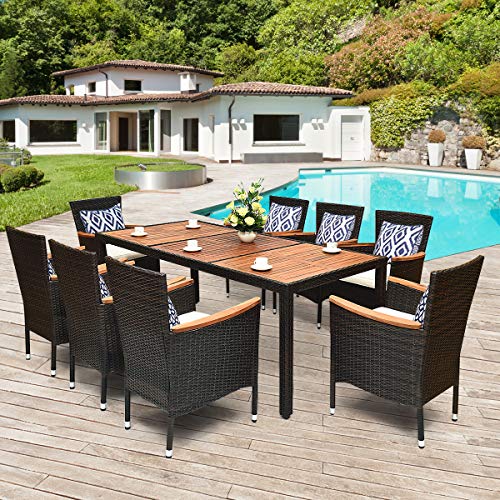 Tangkula 9 Piece Outdoor Dining Set, Garden Patio Wicker Set w/Cushions, Furniture with Acacia Wood Table and Stackable Armrest Chairs