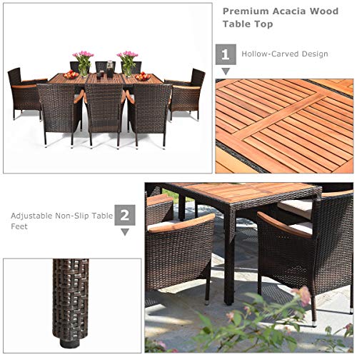 Tangkula 9 Piece Outdoor Dining Set, Garden Patio Wicker Set w/Cushions, Furniture with Acacia Wood Table and Stackable Armrest Chairs