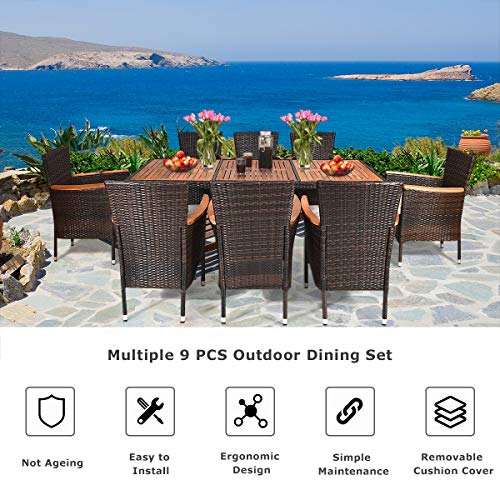 Tangkula 9 Piece Outdoor Dining Set, Garden Patio Wicker Set w/Cushions, Furniture with Acacia Wood Table and Stackable Armrest Chairs