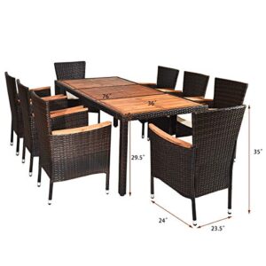 Tangkula 9 Piece Outdoor Dining Set, Garden Patio Wicker Set w/Cushions, Furniture with Acacia Wood Table and Stackable Armrest Chairs