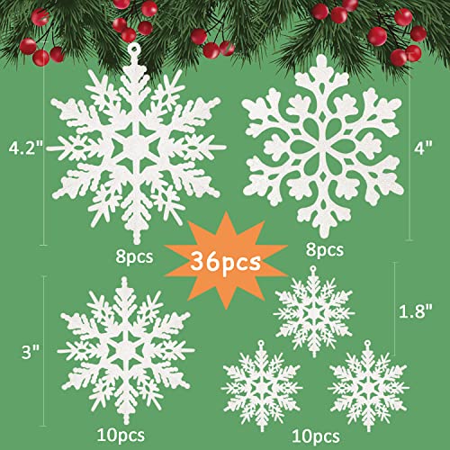 36pcs Christmas White Snowflake Ornaments Plastic Glitter Snow Flakes Ornaments for Winter Christmas Tree Decorations Size Varies Craft Snowflakes