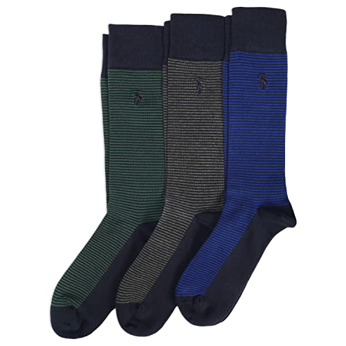 POLO RALPH LAUREN Men's Feeder Stripe Casual Crew Socks 3 Pair Pack - Lightweight Cotton Comfort, Blue, 6-12.5