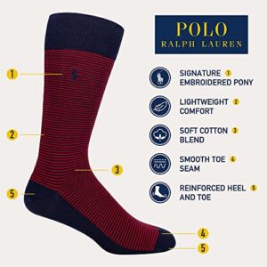 POLO RALPH LAUREN Men's Feeder Stripe Casual Crew Socks 3 Pair Pack - Lightweight Cotton Comfort, Blue, 6-12.5