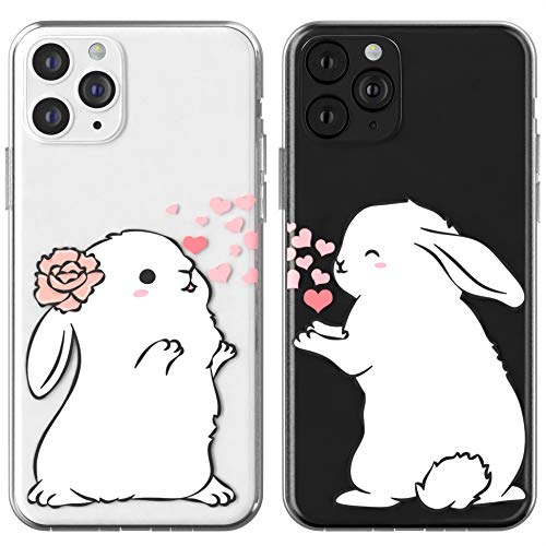 Toik Matching Couple Cases for Apple iPhone 11 Pro Xs Max Xr 10 X 8 Plus 7 6s 5s SE Cover Silicone TPU Flexible White Love Cute Design Print Bunnies Adorable Animal Protective Anniversary Girly