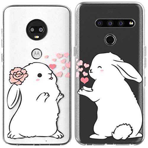 Toik Matching Couple Cases for Apple iPhone 11 Pro Xs Max Xr 10 X 8 Plus 7 6s 5s SE Cover Silicone TPU Flexible White Love Cute Design Print Bunnies Adorable Animal Protective Anniversary Girly