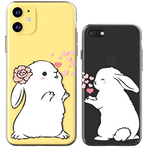 Toik Matching Couple Cases for Apple iPhone 11 Pro Xs Max Xr 10 X 8 Plus 7 6s 5s SE Cover Silicone TPU Flexible White Love Cute Design Print Bunnies Adorable Animal Protective Anniversary Girly