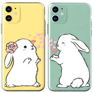 Toik Matching Couple Cases for Apple iPhone 11 Pro Xs Max Xr 10 X 8 Plus 7 6s 5s SE Cover Silicone TPU Flexible White Love Cute Design Print Bunnies Adorable Animal Protective Anniversary Girly