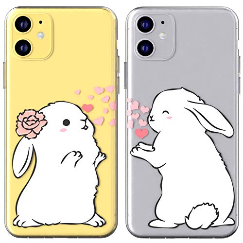 Toik Matching Couple Cases for Apple iPhone 11 Pro Xs Max Xr 10 X 8 Plus 7 6s 5s SE Cover Silicone TPU Flexible White Love Cute Design Print Bunnies Adorable Animal Protective Anniversary Girly