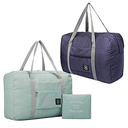 (2 Pack) Foldable Travel Duffel Bag, Waterproof Carry On Luggage Bag, Lightweight Travel Luggage Bag for Sports, Gym, Vacation (Light Blue,Dark Blue)