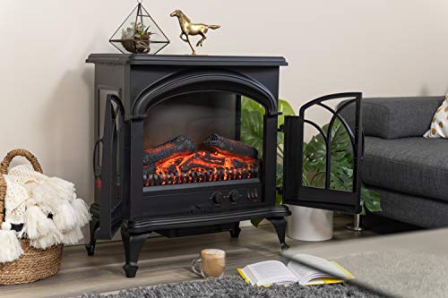 e-Flame USA 28" XL Denali Portable Freestanding Electric Fireplace Stove - 3-D Log and Fire Effect (Black)