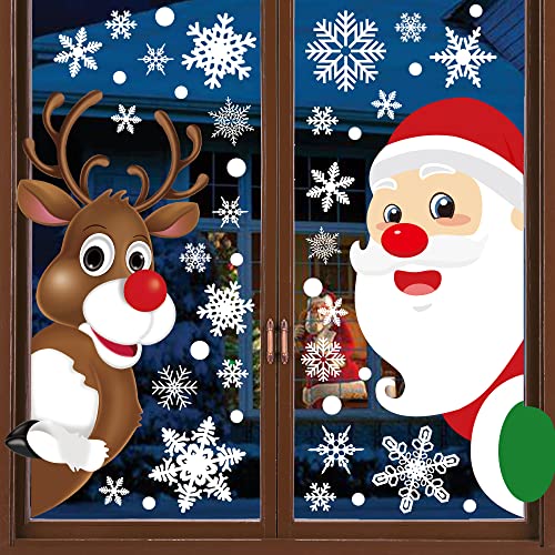 HINZER 310Pcs Christmas Window Clings Christmas Window Decorations Xmas Window Flakes Christmas Decals for Home Deer Santa Claus and Snowflakes