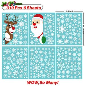 HINZER 310Pcs Christmas Window Clings Christmas Window Decorations Xmas Window Flakes Christmas Decals for Home Deer Santa Claus and Snowflakes