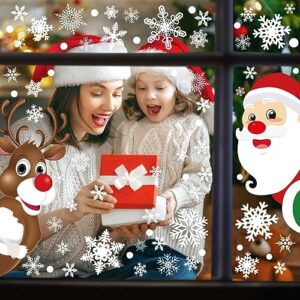 HINZER 310Pcs Christmas Window Clings Christmas Window Decorations Xmas Window Flakes Christmas Decals for Home Deer Santa Claus and Snowflakes