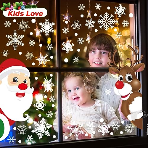 HINZER 310Pcs Christmas Window Clings Christmas Window Decorations Xmas Window Flakes Christmas Decals for Home Deer Santa Claus and Snowflakes