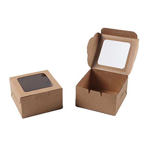 Bubbley Kraft Paper Bakery Boxes - 25-Pack Single Pastry Box 4-Inch, Packaging with Clear Display Window, Donut, Mini Cake, Pie Slice, Dessert Disposable Take-Out Container, Brown, 4 x 2.3 x 4 Inches