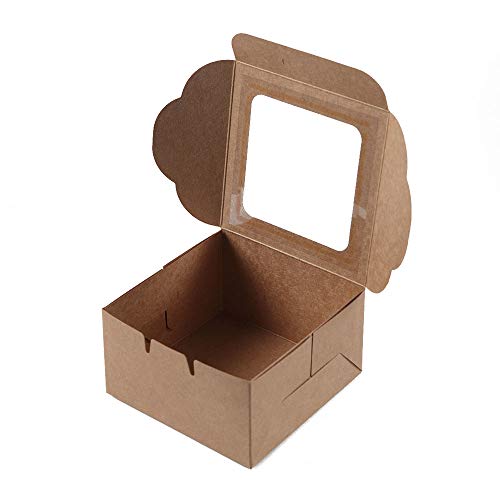 Bubbley Kraft Paper Bakery Boxes - 25-Pack Single Pastry Box 4-Inch, Packaging with Clear Display Window, Donut, Mini Cake, Pie Slice, Dessert Disposable Take-Out Container, Brown, 4 x 2.3 x 4 Inches