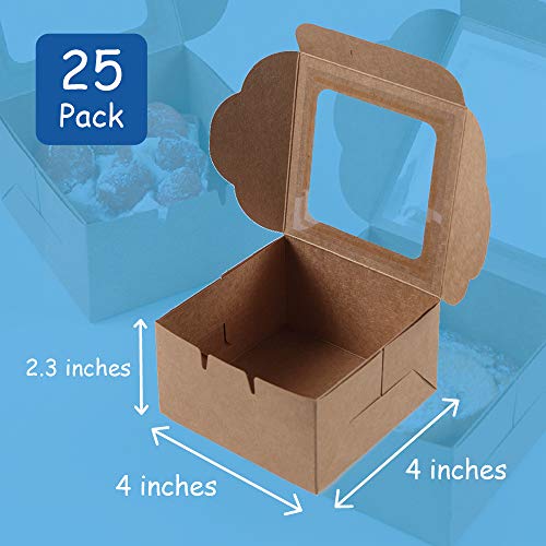 Bubbley Kraft Paper Bakery Boxes - 25-Pack Single Pastry Box 4-Inch, Packaging with Clear Display Window, Donut, Mini Cake, Pie Slice, Dessert Disposable Take-Out Container, Brown, 4 x 2.3 x 4 Inches