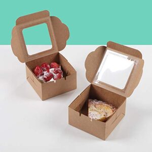 Bubbley Kraft Paper Bakery Boxes - 25-Pack Single Pastry Box 4-Inch, Packaging with Clear Display Window, Donut, Mini Cake, Pie Slice, Dessert Disposable Take-Out Container, Brown, 4 x 2.3 x 4 Inches