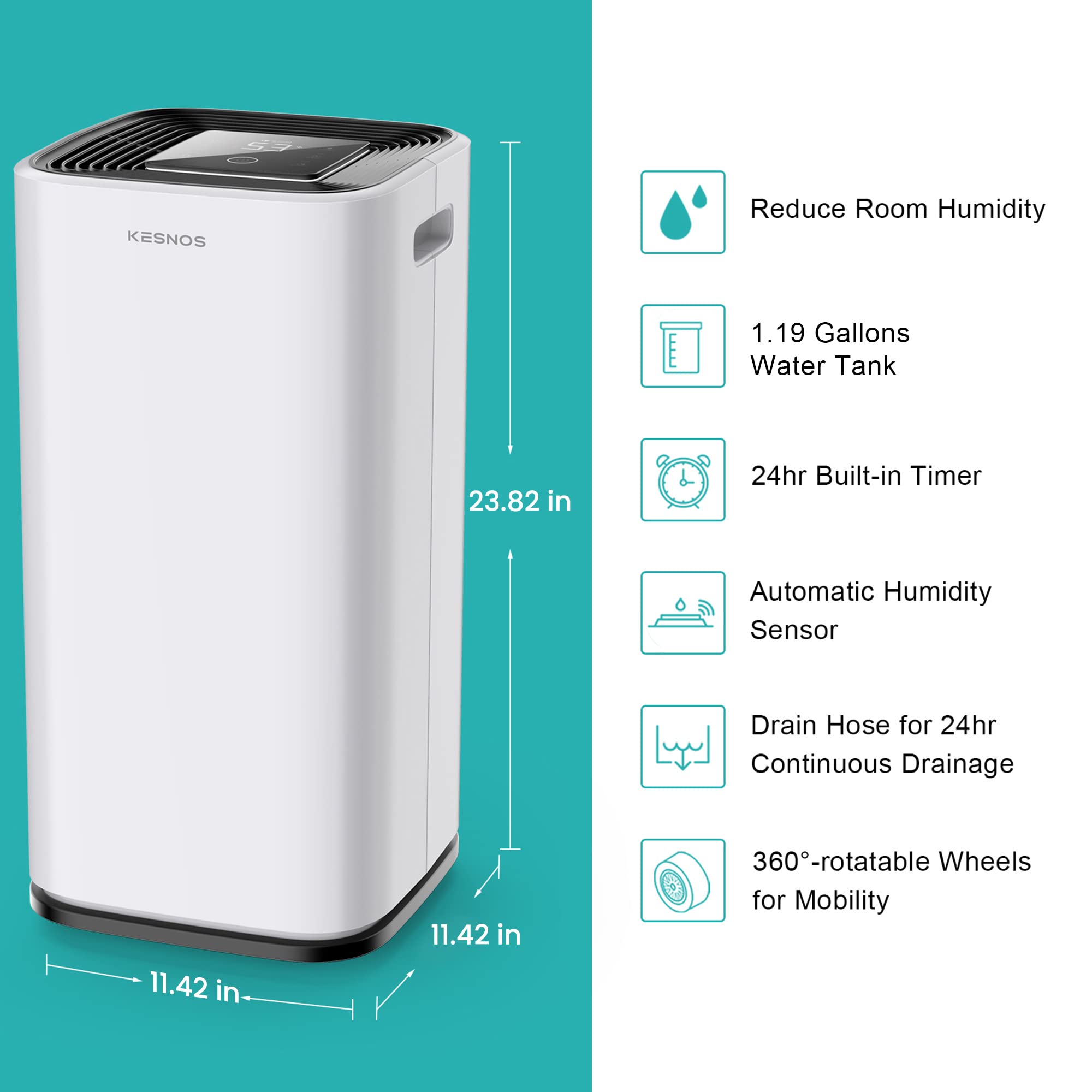 Kesnos 5000 Sq. Ft Large Dehumidifier for Home with Drain Hose and 1.19 Gallons Water Tank - Intelligent Touch Control and Low Noise, 24 Hr Timer Ideal for Basements, Bedrooms, Bathrooms, Laundry Rooms