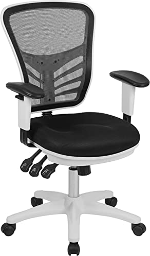 Flash Furniture Nicholas Mid-Back Black Mesh Multifunction Executive Swivel Ergonomic Office Chair with Adjustable Arms and White Frame