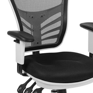 Flash Furniture Nicholas Mid-Back Black Mesh Multifunction Executive Swivel Ergonomic Office Chair with Adjustable Arms and White Frame