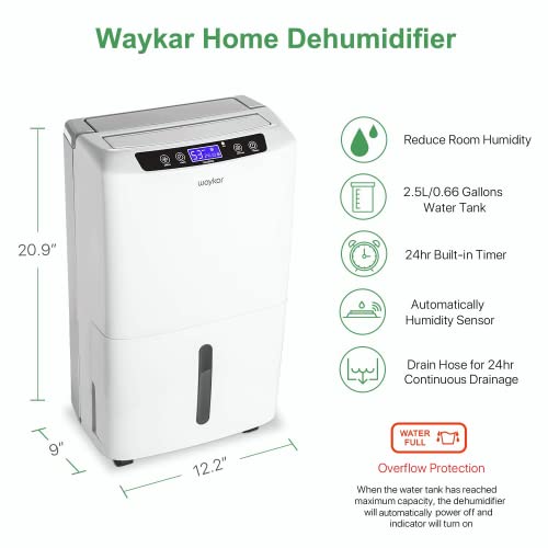 Waykar 2000 Sq. Ft Dehumidifier for Home and Basements, with Auto or Manual Drainage, 0.66 Gallon Water Tank Capacity