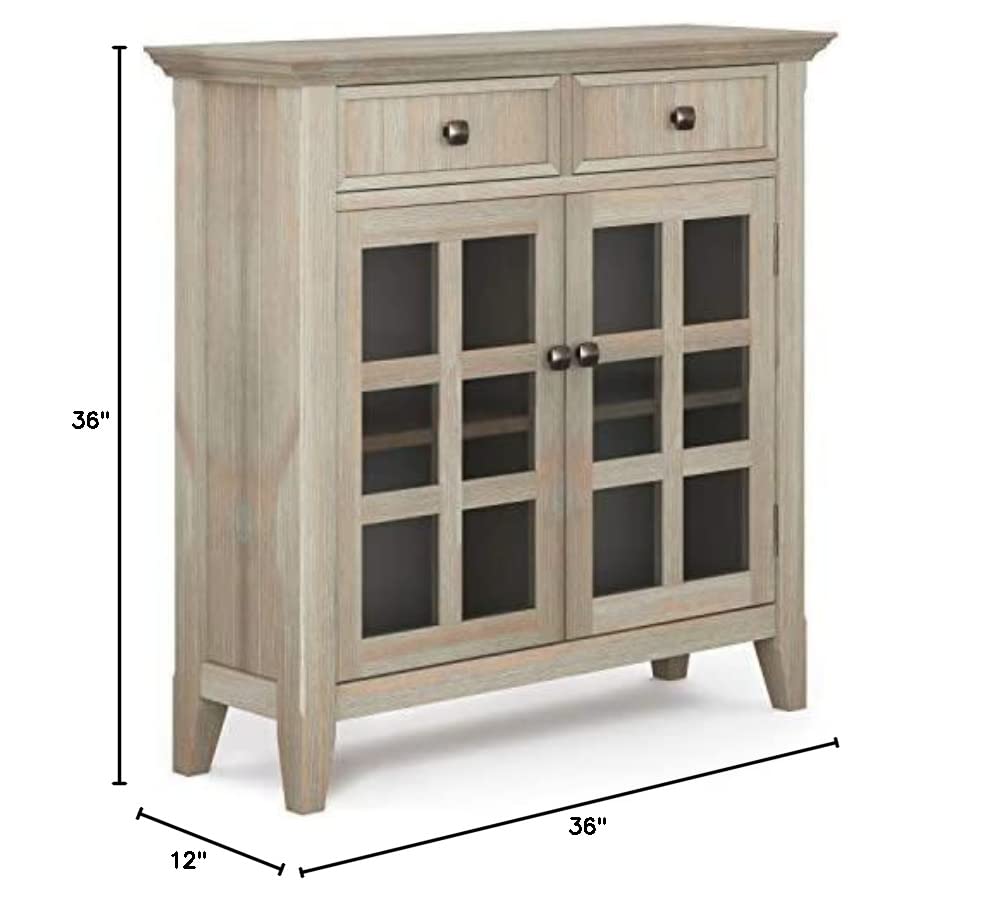 SIMPLIHOME Acadian SOLID WOOD 36 inch Wide Transitional Entryway Hallway Storage Cabinet in Distressed Grey, with 2 Drawers, 2 Doors and 2 Adjustable Shelves