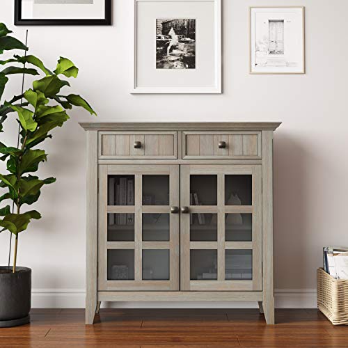 SIMPLIHOME Acadian SOLID WOOD 36 inch Wide Transitional Entryway Hallway Storage Cabinet in Distressed Grey, with 2 Drawers, 2 Doors and 2 Adjustable Shelves