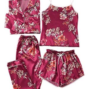 WDIRARA Women's Silk Satin Pajama Set 4 Pieces Sleepwear Loungewear Pj Sets Burgundy M