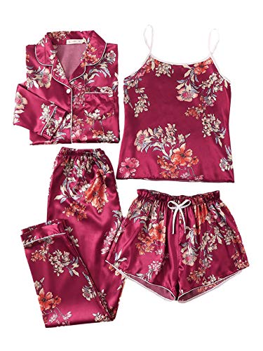 WDIRARA Women's Silk Satin Pajama Set 4 Pieces Sleepwear Loungewear Pj Sets Burgundy M