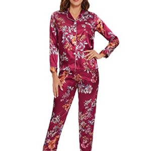 WDIRARA Women's Silk Satin Pajama Set 4 Pieces Sleepwear Loungewear Pj Sets Burgundy M