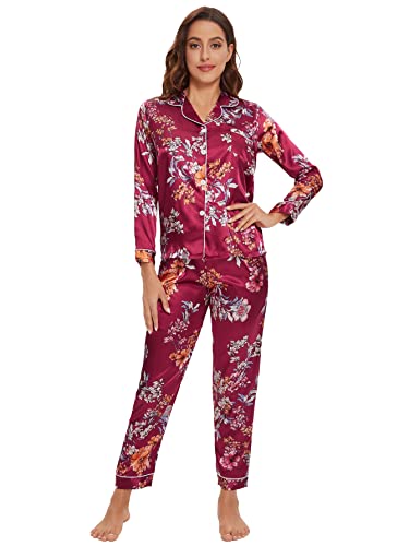 WDIRARA Women's Silk Satin Pajama Set 4 Pieces Sleepwear Loungewear Pj Sets Burgundy M