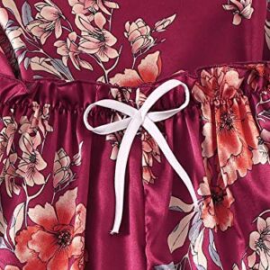 WDIRARA Women's Silk Satin Pajama Set 4 Pieces Sleepwear Loungewear Pj Sets Burgundy M