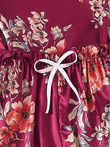 WDIRARA Women's Silk Satin Pajama Set 4 Pieces Sleepwear Loungewear Pj Sets Burgundy M