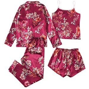 WDIRARA Women's Silk Satin Pajama Set 4 Pieces Sleepwear Loungewear Pj Sets Burgundy M