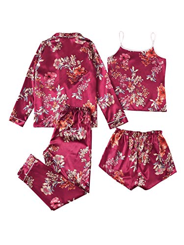 WDIRARA Women's Silk Satin Pajama Set 4 Pieces Sleepwear Loungewear Pj Sets Burgundy M