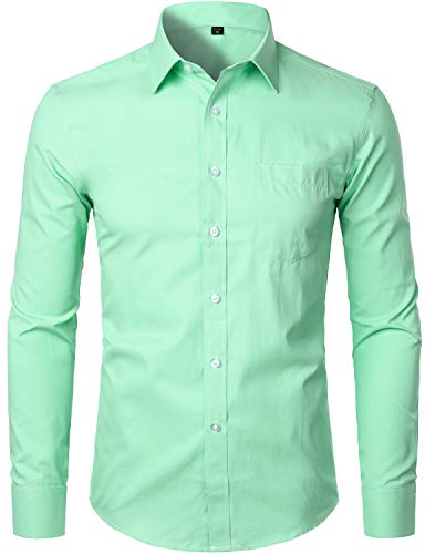 ZEROYAA Men's Long Sleeve Micro Twill Dress Shirt Basic Slim Fit Button Up Business Formal Shirts with Pocket ZYSGCL02 Light Green Large