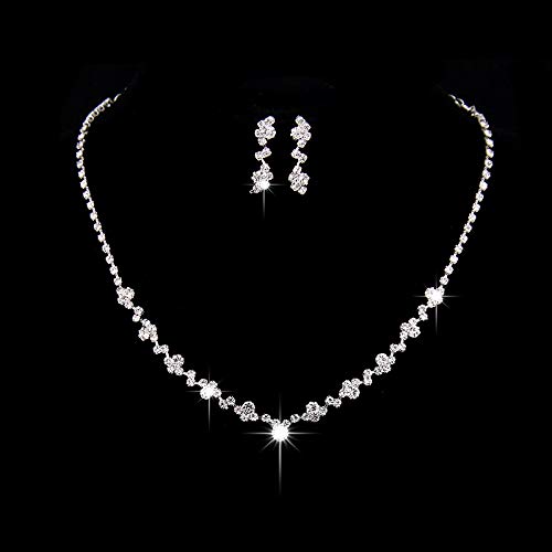 Unicra Silver Wedding Jewelry for Bride Rhinestone Necklace Earrings Set Bridal Prom Costume Jewelry Set for Women and Girls