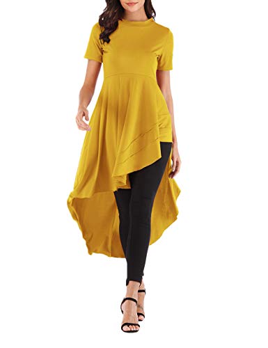 Women's Ruffle High Low Asymmetrical Irregular Hem Tops Short Sleeve Tunic Top Yellow S