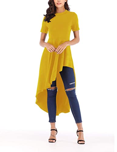 Women's Ruffle High Low Asymmetrical Irregular Hem Tops Short Sleeve Tunic Top Yellow S