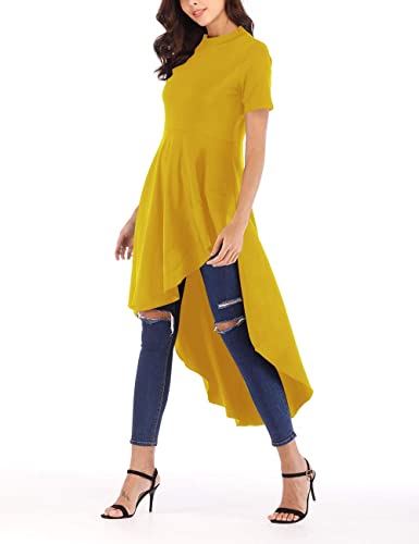 Women's Ruffle High Low Asymmetrical Irregular Hem Tops Short Sleeve Tunic Top Yellow S