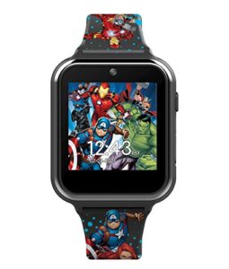 accutime kids marvel avengers black educational touchscreen smart watch toy for girls, boys, toddlers - selfie cam, learning games, alarm, calculator, pedometer and more (model: avg4597az)