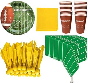 island genius football themed party supplies and decorations - 24 party cups, 24 paper dinner plates, 24 penalty flag paper napkins, 24 yellow paper napkins, 1 plastic tablecloth