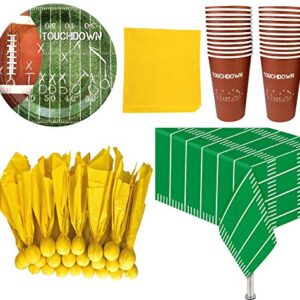 Island Genius Football Themed Party Supplies and Decorations - 24 Party Cups, 24 Paper Dinner Plates, 24 Penalty Flag Paper Napkins, 24 Yellow Paper Napkins, 1 Plastic Tablecloth