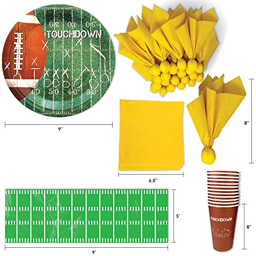 Island Genius Football Themed Party Supplies and Decorations - 24 Party Cups, 24 Paper Dinner Plates, 24 Penalty Flag Paper Napkins, 24 Yellow Paper Napkins, 1 Plastic Tablecloth